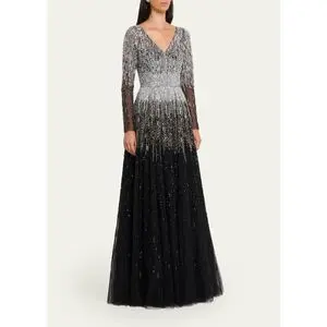Pamella Roland Ombre Embroidered Tulle Long-sleeve Gown