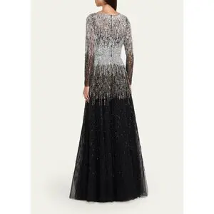 Pamella Roland Ombre Embroidered Tulle Long-sleeve Gown