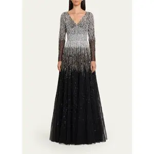 Pamella Roland Ombre Embroidered Tulle Long-sleeve Gown