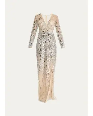 Pamella Roland Sequined Long-sleeve Surplice Tulle Gown