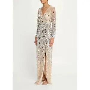Pamella Roland Sequined Long-sleeve Surplice Tulle Gown