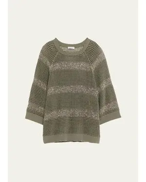 Brunello Cucinelli Water Reflection Pailette Striped Open Knit Sweater