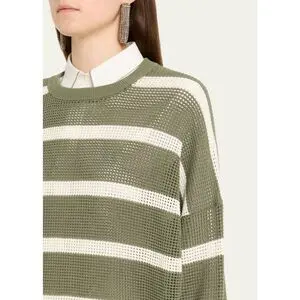 Brunello Cucinelli Striped Micronet Knit Crewneck Sweater