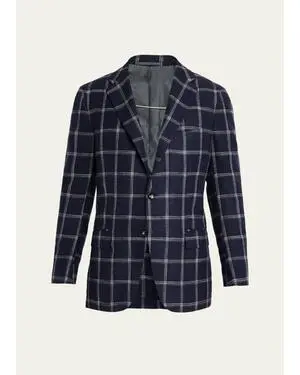 Kiton Windowpane Silk, Cotton And Cashmere Sport Coat - Navy