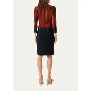 Akris Fuego-print Long-sleeve Wool Double-face Slit Dress