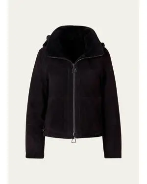 Akris Dino Reversible Lamb Shearling Zip Jacket With Detachable Hood