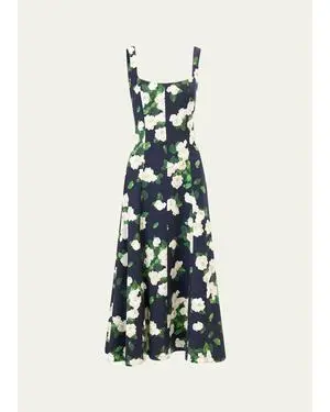 Carolina Herrera Sleeveless Square-neck Rose-print Paneled Midi Dress - Midnight Multi