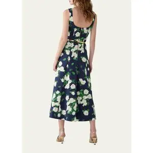 Carolina Herrera Sleeveless Square-neck Rose-print Paneled Midi Dress - Midnight Multi