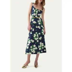 Carolina Herrera Sleeveless Square-neck Rose-print Paneled Midi Dress - Midnight Multi