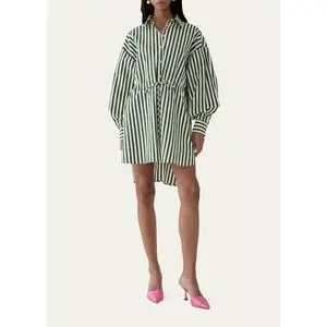 Carolina Herrera Striped Long-sleeve Drawstring Mini Shirtdress