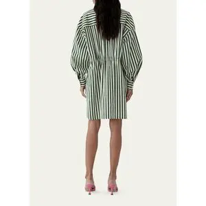 Carolina Herrera Striped Long-sleeve Drawstring Mini Shirtdress