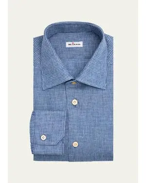 Kiton Micro-check Linen Blend Dress Shirt - Blue