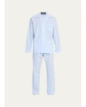 Bergdorf Goodman Cotton And Linen Micro-check Long Pajama Set