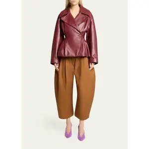 Balenciaga Pleated Leather Short Peplum Trench Coat