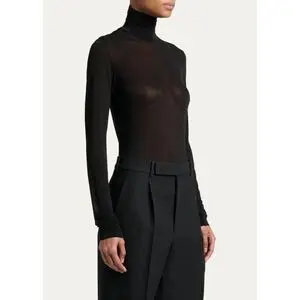 Saint Laurent Turtleneck Sheer Jersey Stretch Long-sleeve Top - Nero