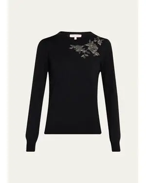Carolina Herrera Flower Beaded Silk-cotton Crewneck Sweater