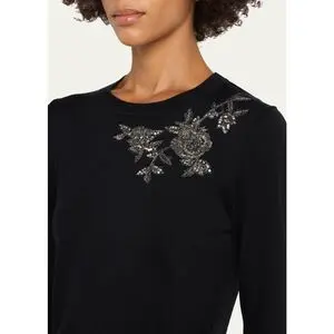 Carolina Herrera Flower Beaded Silk-cotton Crewneck Sweater