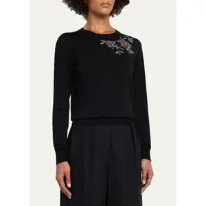 Carolina Herrera Flower Beaded Silk-cotton Crewneck Sweater