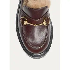 Gucci Rhodi Leather & Shearling Horsebit Mules - Deep Brown