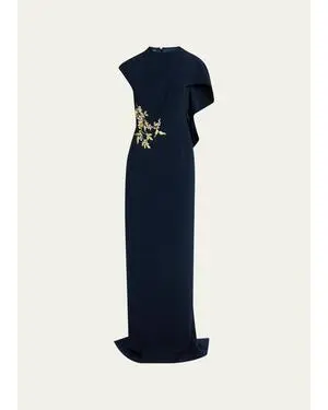 Rickie Freeman For Teri Jon Floral-embroidered Asymmetric Capelet Gown - Navy