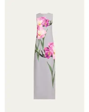 Rickie Freeman For Teri Jon Sleeveless Floral-print Scuba Column Gown - Grey Multi