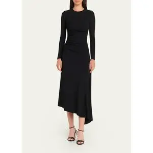Michael Kors Ruched Long-sleeve Asymmetric Midi Dress