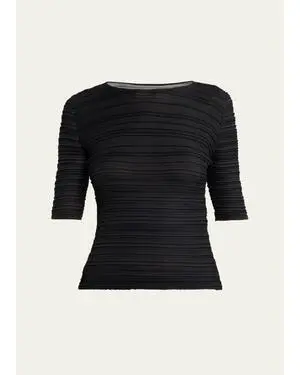 Issey Miyake Jiggly Pleated Plisse Elbow-sleeve Top