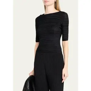 Issey Miyake Jiggly Pleated Plisse Elbow-sleeve Top