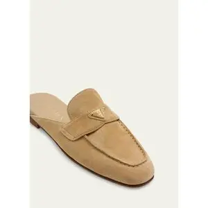 Prada Triangle Logo Suede Loafer Mules - Ecru