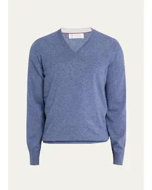 Brunello Cucinelli Cashmere Knit V-neck Sweater - Medium Blue