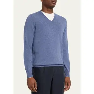 Brunello Cucinelli Cashmere Knit V-neck Sweater - Medium Blue