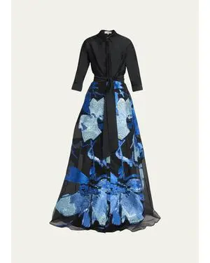 Rickie Freeman For Teri Jon Taffeta And Floral Jacquard Organza Shirt Gown - Black Multi