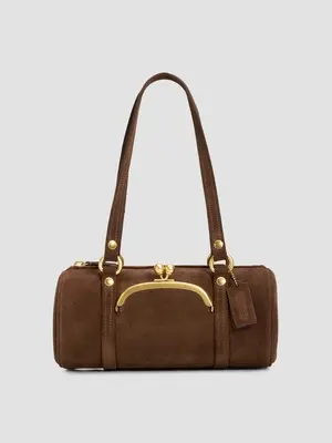 COACH Kisslock Barrel Suede Shoulder Bag - Dark Chocolate