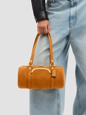 COACH Kisslock Barrel Suede Shoulder Bag