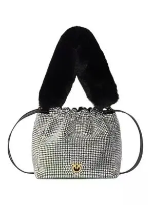 Pinko Fully Rhinestoned Shoulder Bucket Bag With Fur-effect Shoulder Strap - Silver