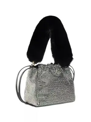 Pinko Fully Rhinestoned Shoulder Bucket Bag With Fur-effect Shoulder Strap