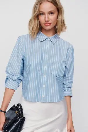Maeve Merritt Cotton Stretch Cropped Buttondown Shirt - Blue Stripe
