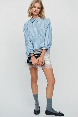 Maeve Merritt Cotton Stretch Cropped Buttondown Shirt - Blue Stripe