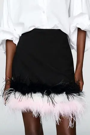HUTCH Faux Feather Trim Mi Skirt