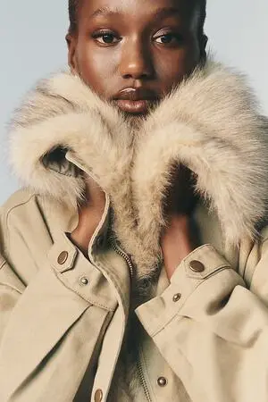 PILCRO Faux Fur Led Denim Bomber Jacket