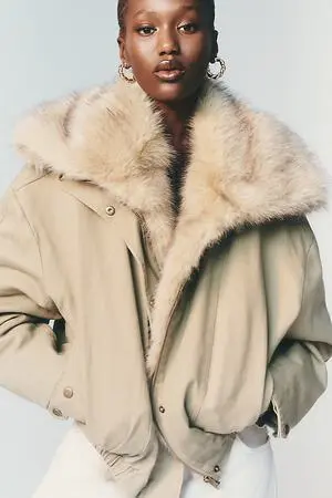 PILCRO Faux Fur Led Denim Bomber Jacket