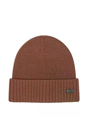 BOSS Rib-knit Virgin-wool Beanie With Logo Plaque - Brown