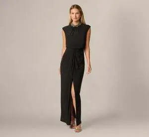 Adrianna Papell Extended Shoulder Rhinestone Collar Draped Jersey Gown