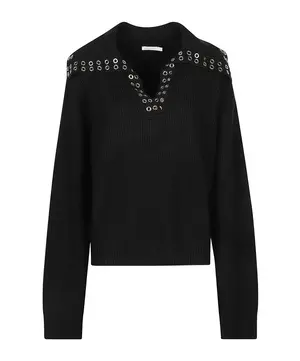 PATRIZIA PEPE Eyelet Polo Neck Knitted Sweater - Black