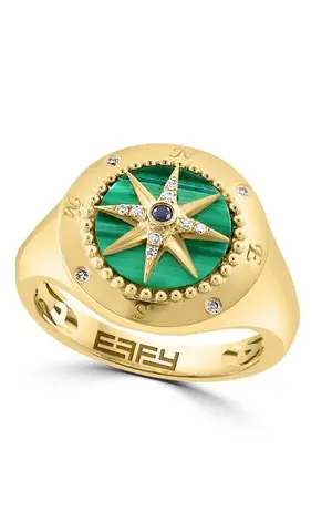 EFFY 14k Yellow Gold Malachite Compass Ring With Black & White Diamonds - Green