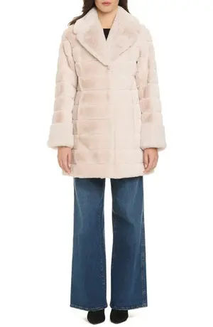 Vince Camuto Notch Collar Grooved Faux Fur Coat - Champagne