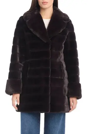 Vince Camuto Notch Collar Grooved Faux Fur Coat - Espresso