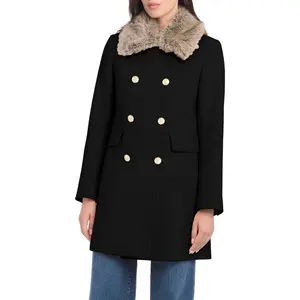 Vince Camuto Faux Fur Collar Double Breasted Military Coat - Black