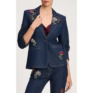 Cinq À Sept Khloe Rhinestone Roses Denim Blazer
