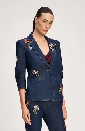 Cinq À Sept Khloe Rhinestone Roses Denim Blazer
